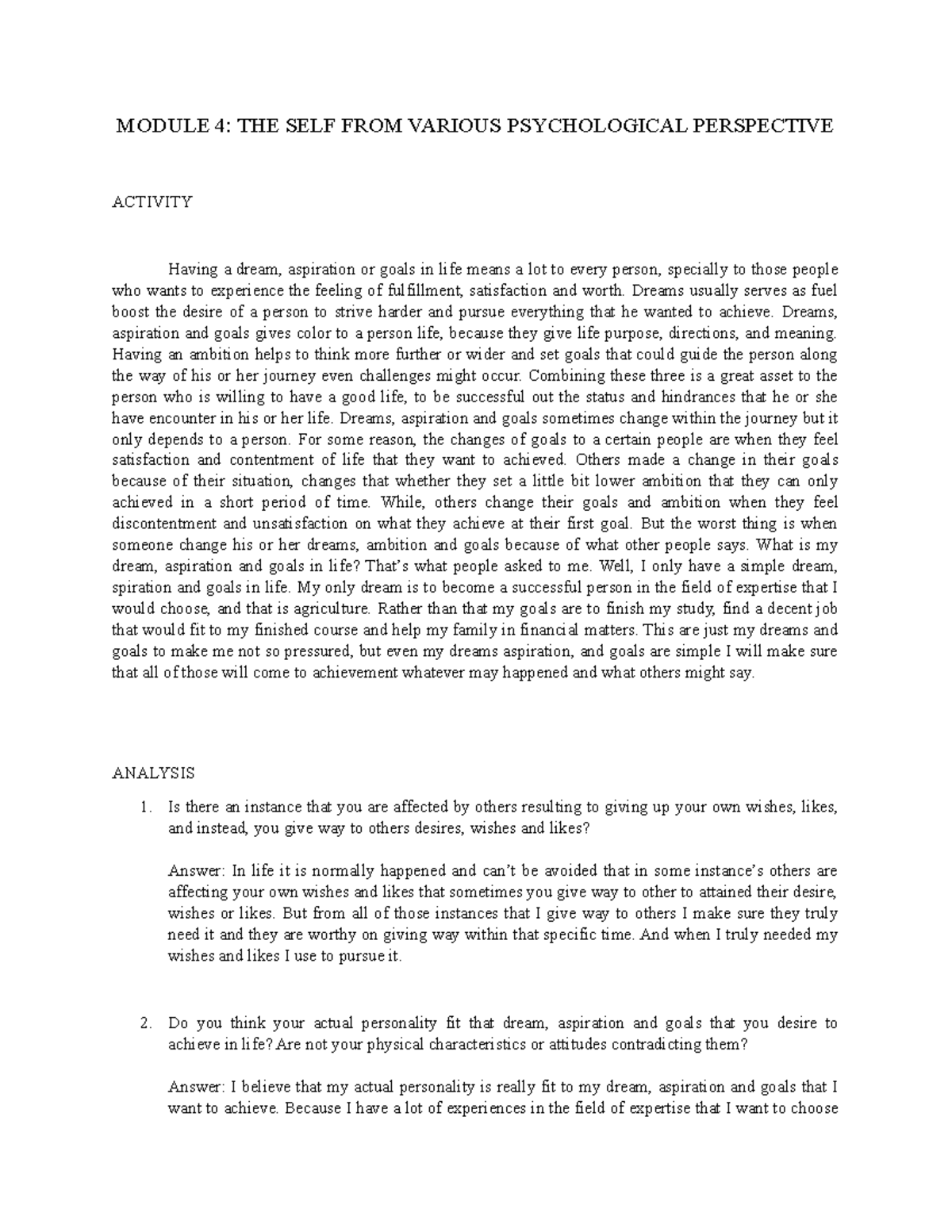 Module 4 - MODULE 4: THE SELF FROM VARIOUS PSYCHOLOGICAL PERSPECTIVE ...