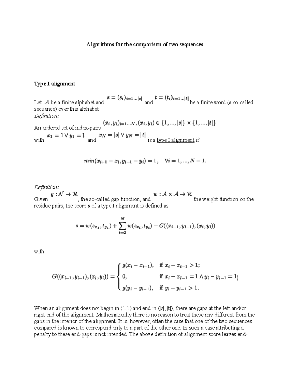 Type I alignment - Lecture notes 1-2 - Algorithms for the comparison of ...