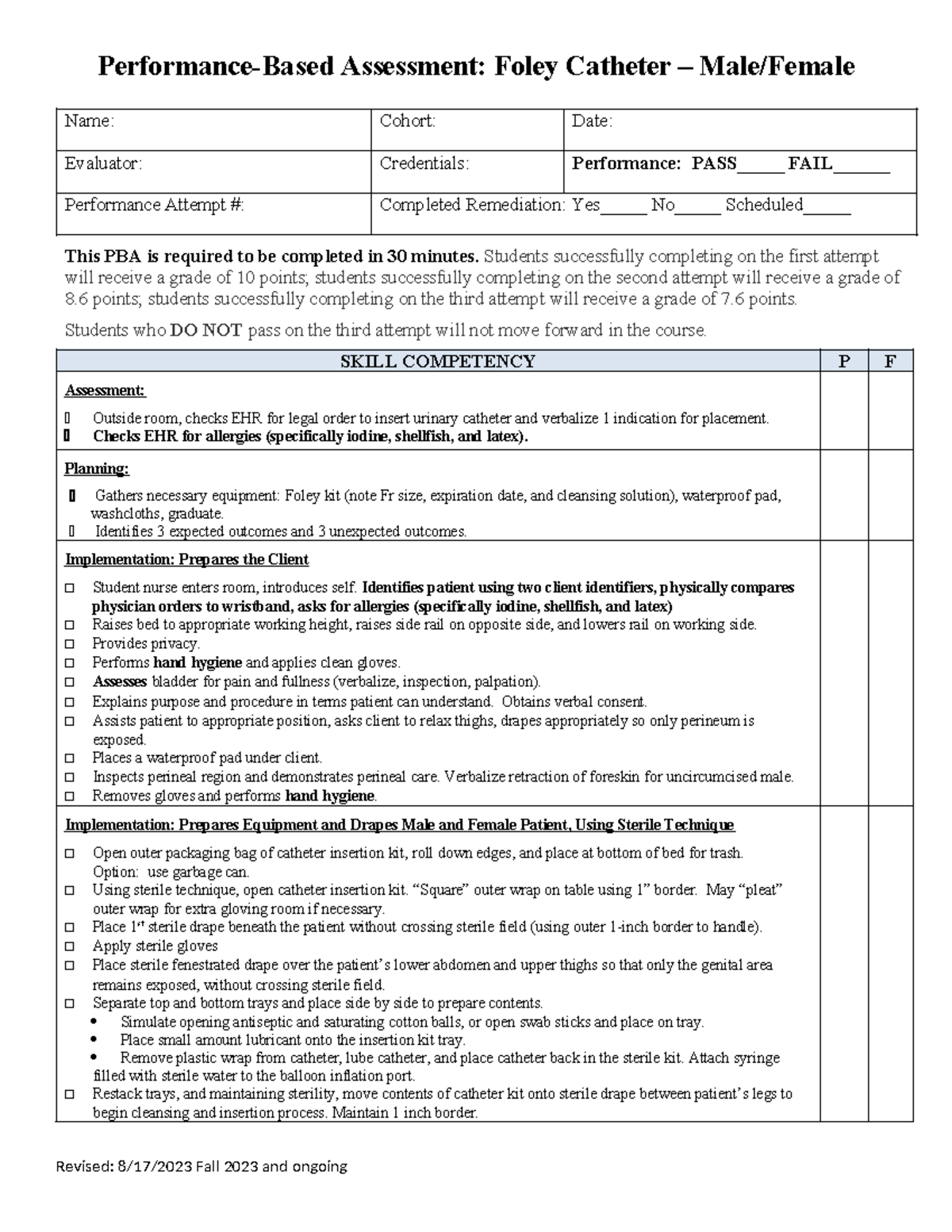 1 NSG-320 PBA Revised Foley Catheter - Performance-Based Assessment ...