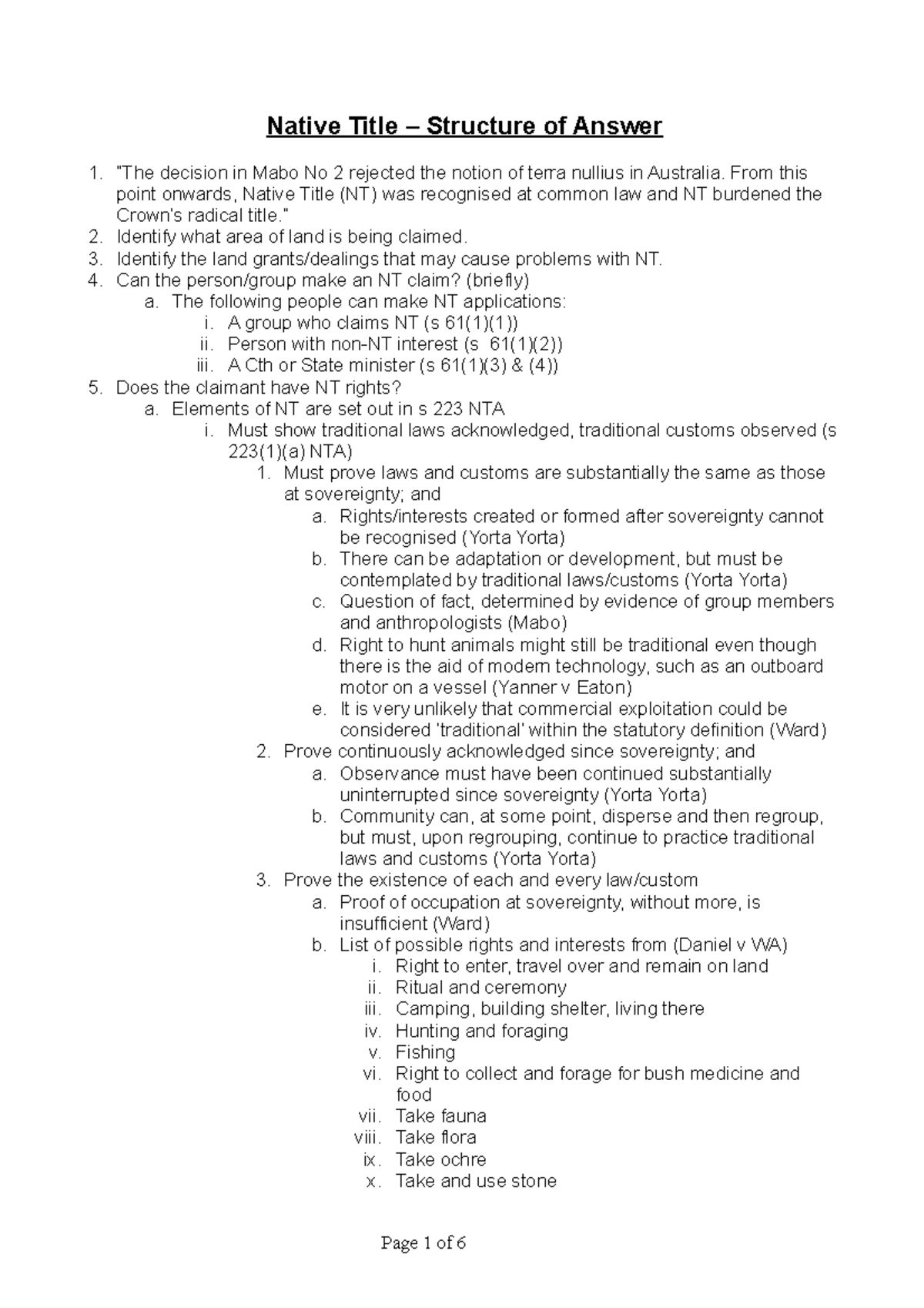 Native Title - prop law notes exam - Native Title – Structure of Answer ...
