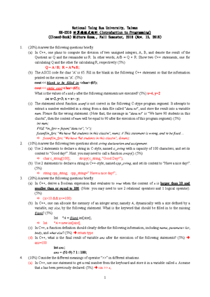 Midterm - , Fall Semester, 2018 (Nov. 15 , 2018 ) (20%) Answer the ...