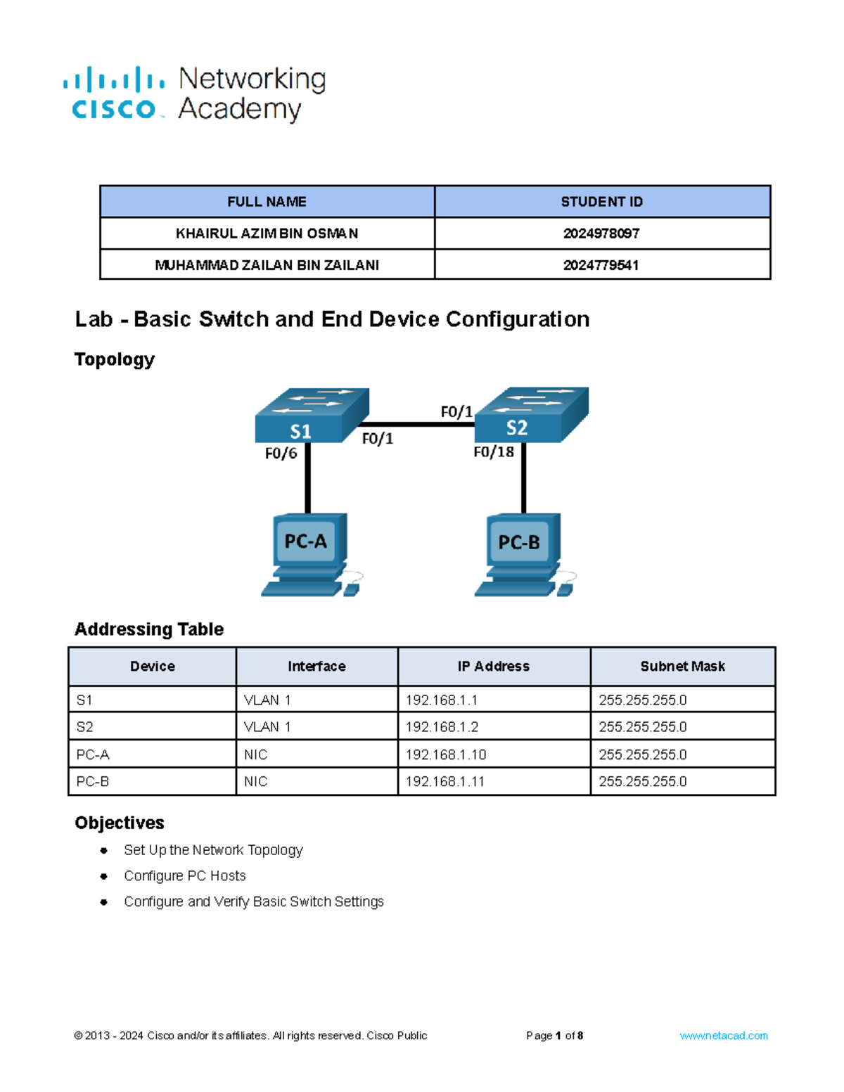 2.9.2 Lab - Basic Switch and End Device Configuration - FULL NAME STUDENT ID KHAIRUL AZIM BIN ...