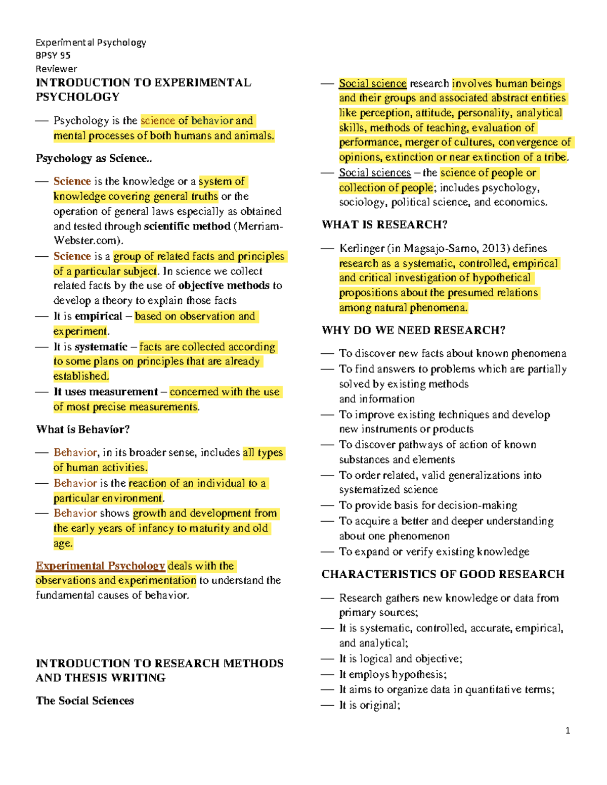 Experimental- Psychology - BPSY 95 Reviewer INTRODUCTION TO ...