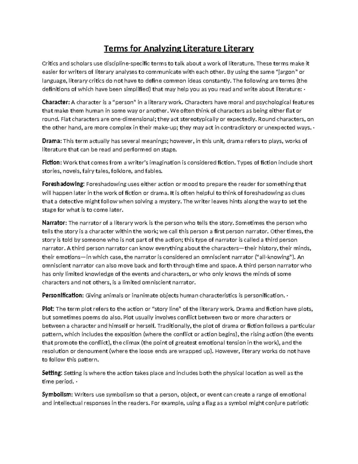 Terms for Analyzing Literature Literary - These terms make it easier ...