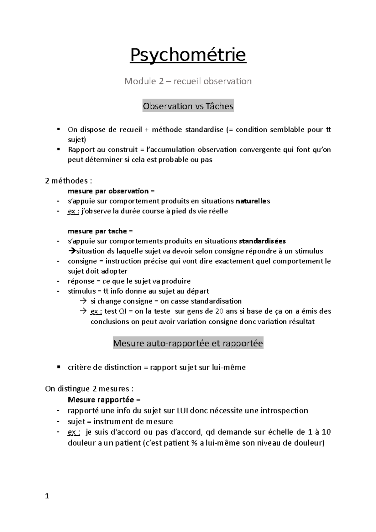 Psychométrie - module 2 - Psychométrie Module 2 – recueil observation ...