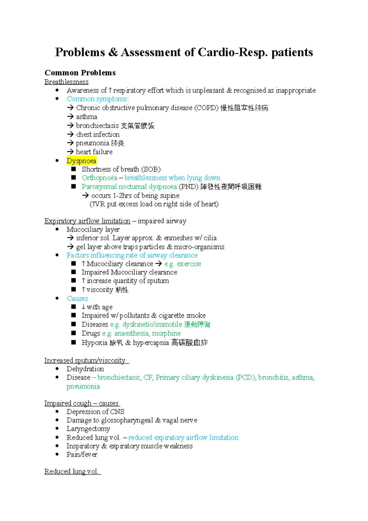 Cardio-respiratory Revision Notes - Problems & Assessment of Cardio ...