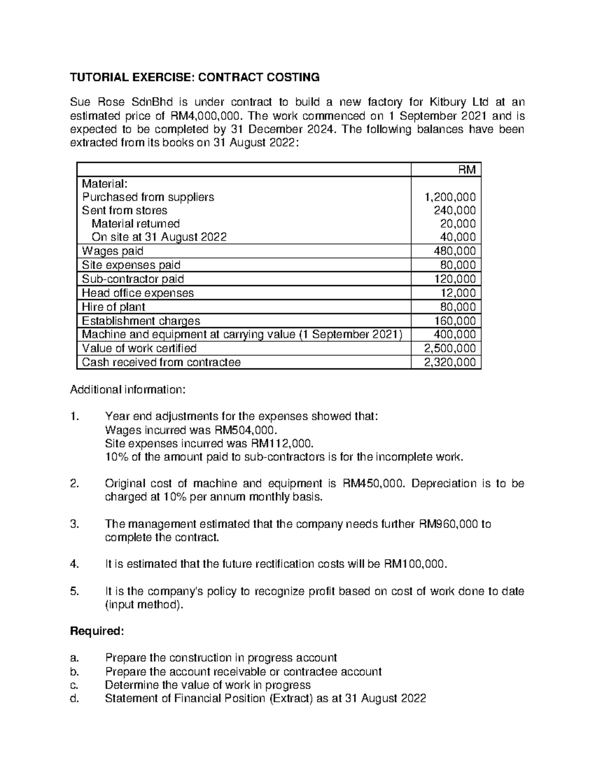 Tutorial Exercise Contract Costing - TUTORIAL EXERCISE: CONTRACT COSTING Sue Rose SdnBhd is ...