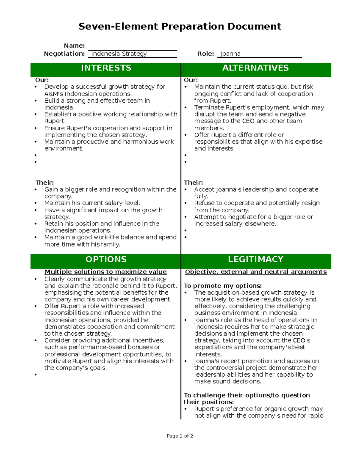 Indonesia Strategy Prep Document - Seven-Element Preparation Document Name: Negotiation ...