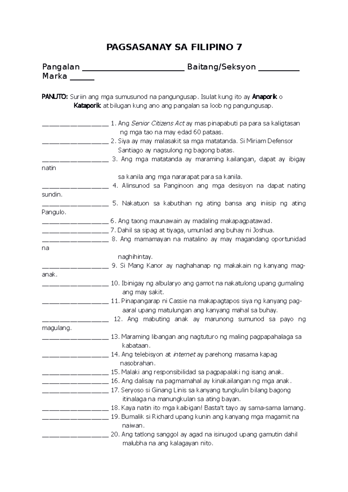 Anaporik AT Kataporik - PAGSASANAY SA FILIPINO 7 Pangalan ...