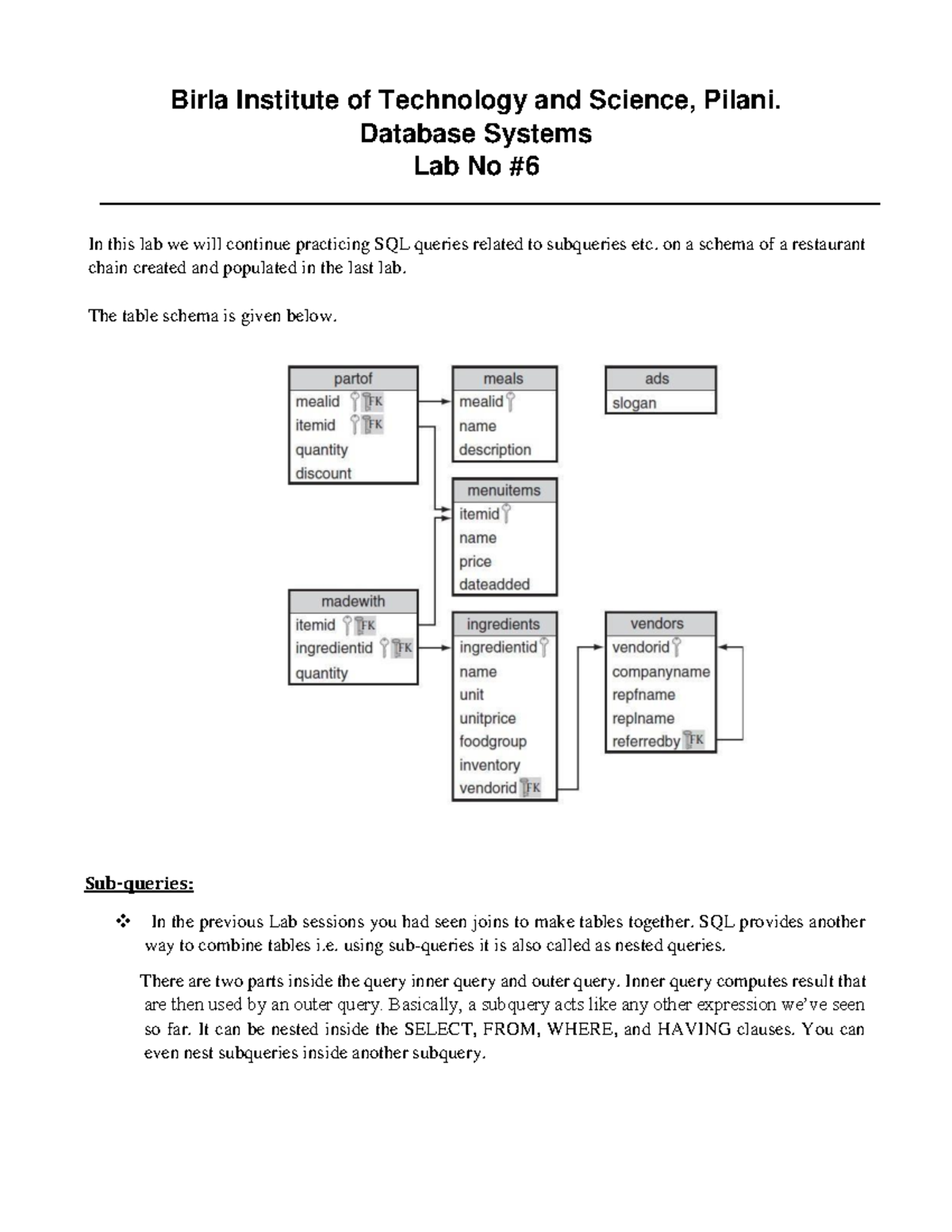 Lab-6 - lab sheet - Birla Institute of Technology and Science, Pilani. Database Systems Lab No ...