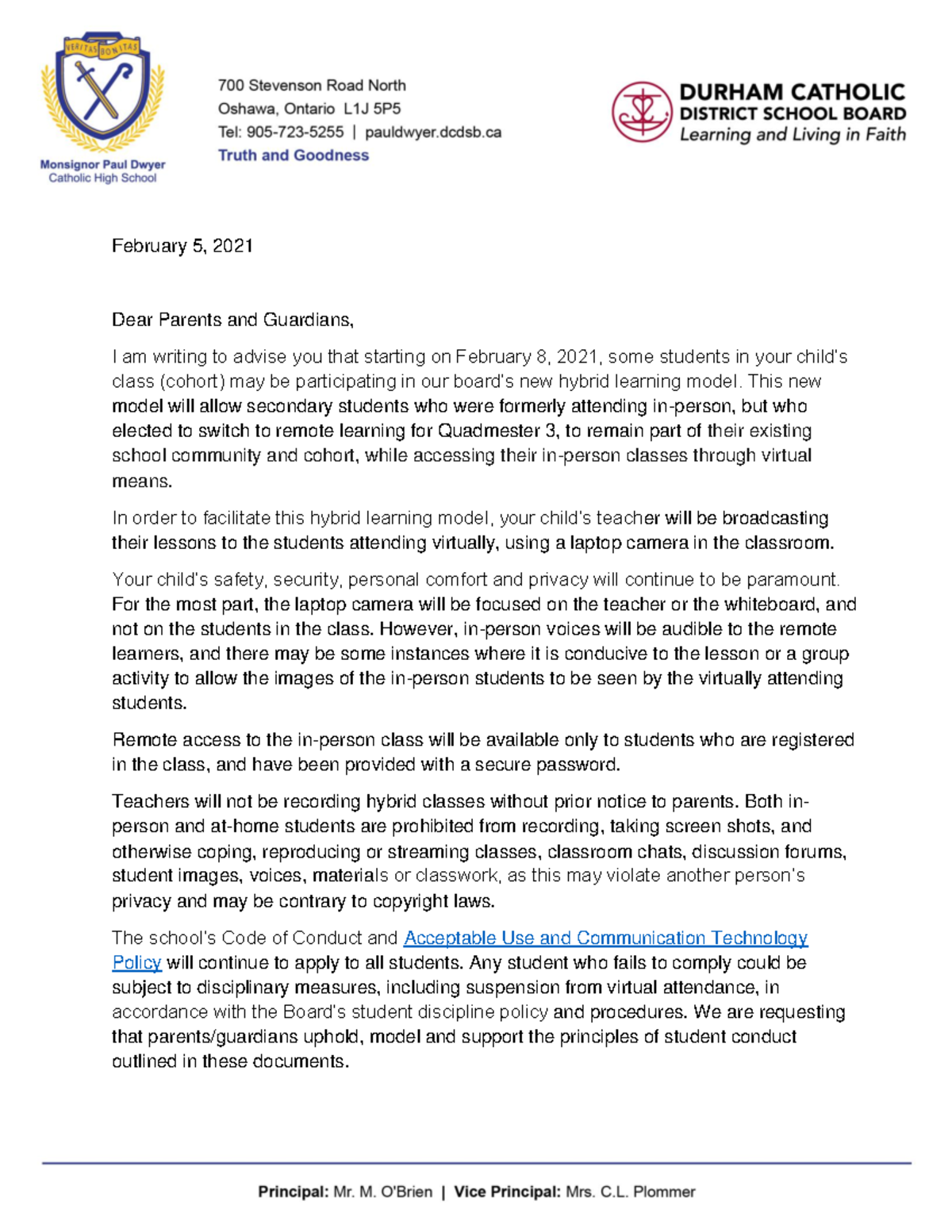Letter to Parents with Children attending school in-person 2-05-2021 ...