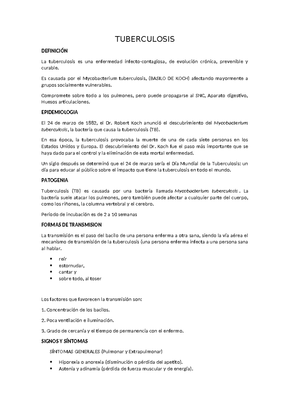 Tuberculosis - Resumen - TUBERCULOSIS DEFINICIÓN La tuberculosis es una ...