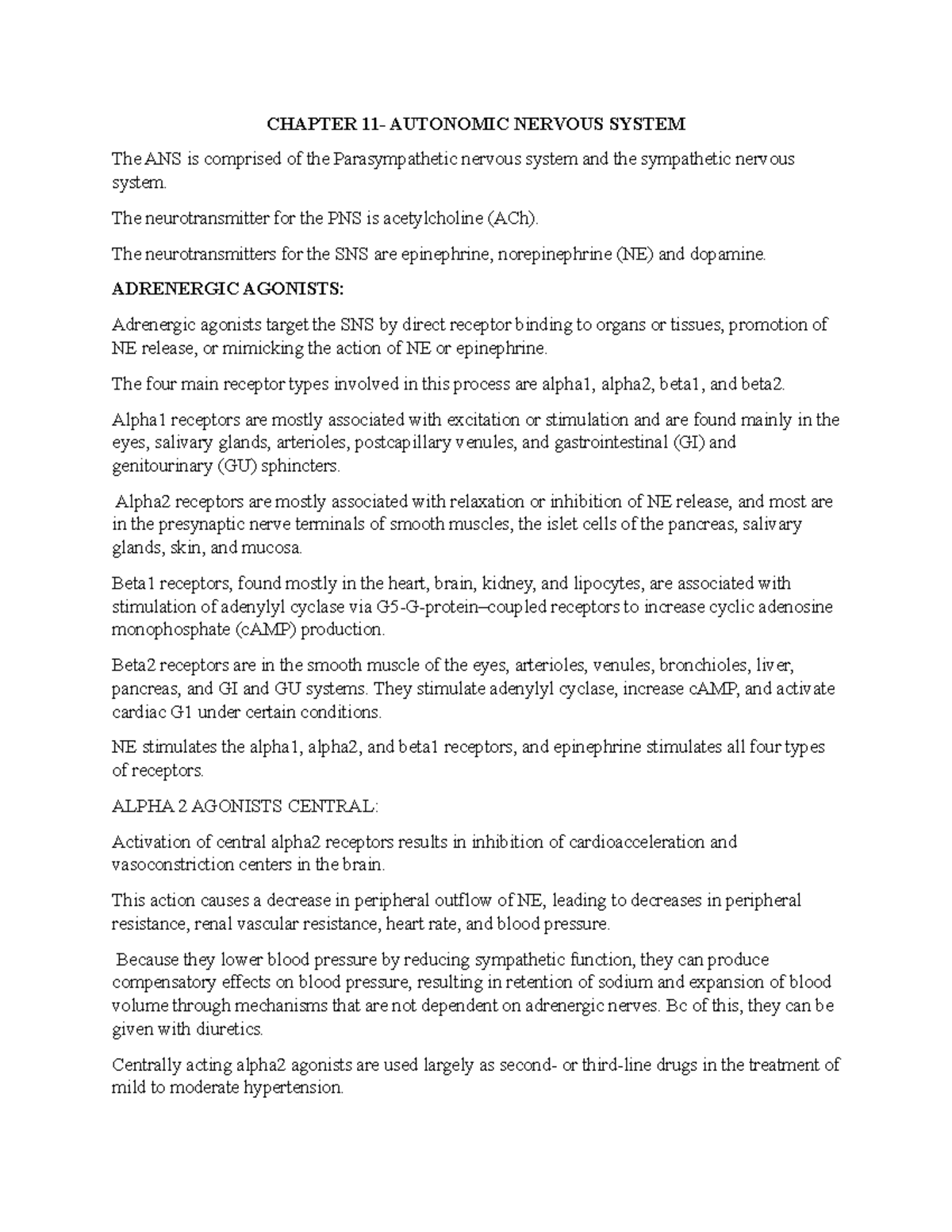 Pharm notes chapter 11 - CHAPTER 11- AUTONOMIC NERVOUS SYSTEM The ANS ...