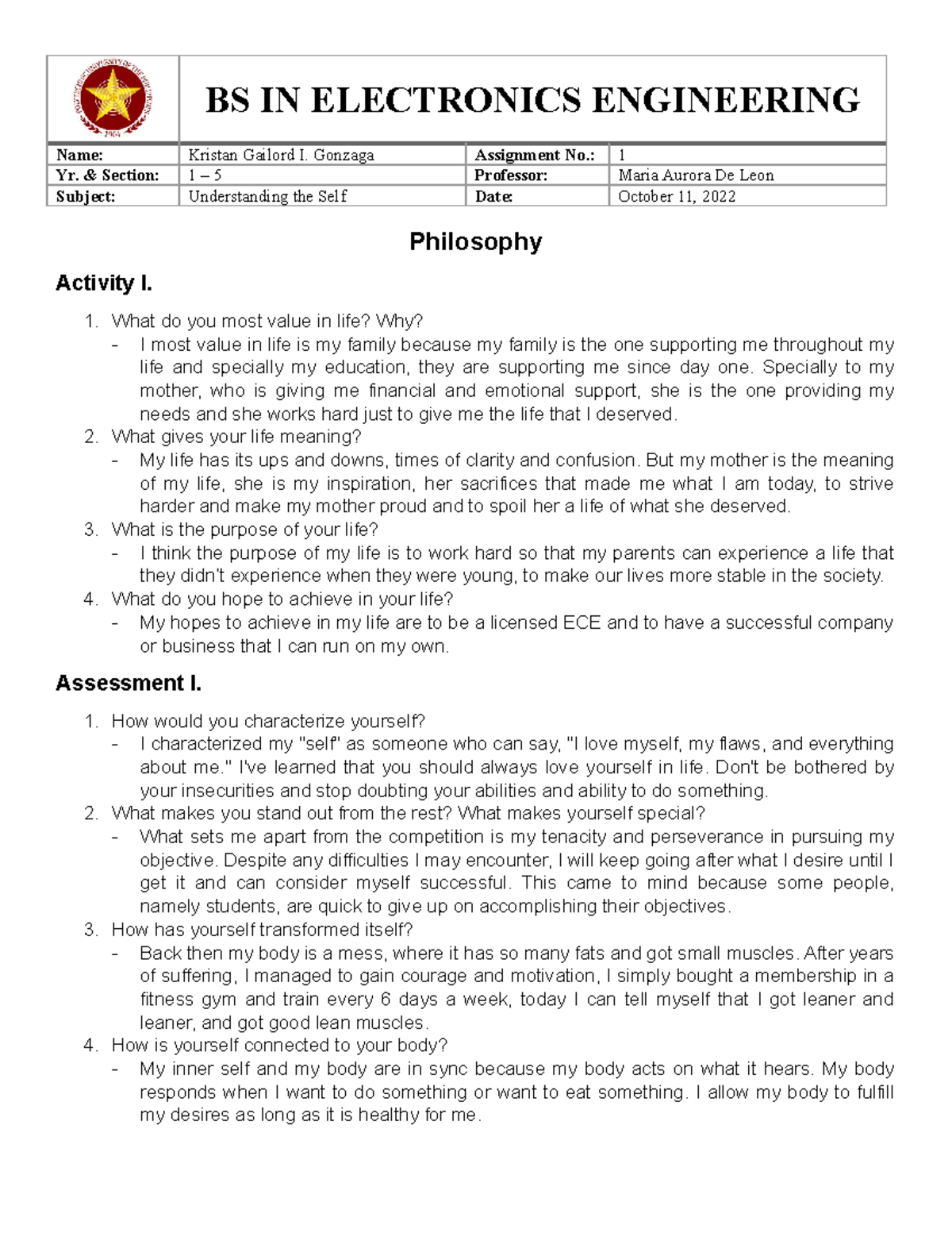 Philosophy assignment - BS IN ELECTRONICS ENGINEERING Name: Yr. Section ...