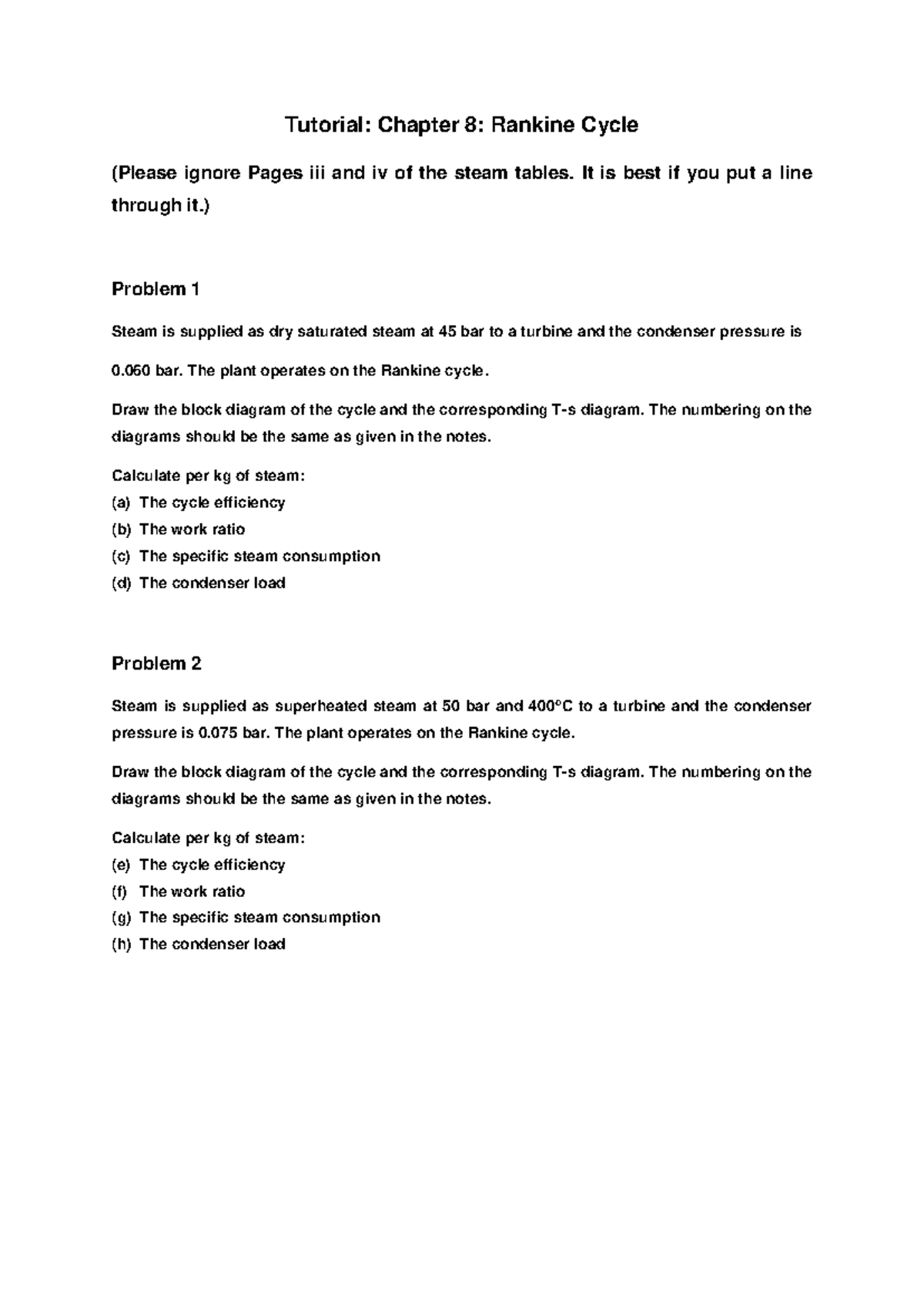 Chapter 8 Tutorial - Tutorial: Chapter 8: Rankine Cycle (Please ignore Pages iii and iv of the ...