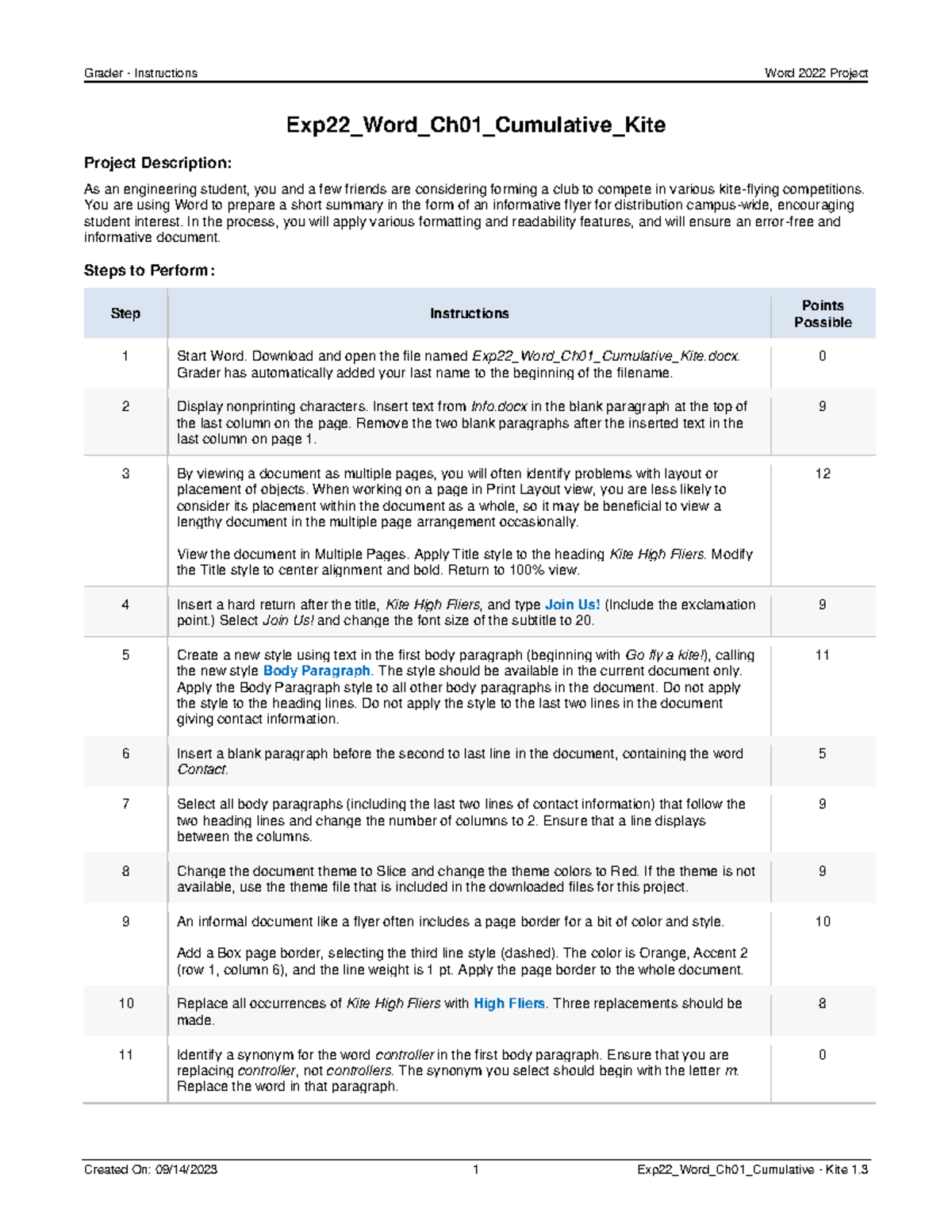 Grader Instructions Word 2022 Project Exp22_Word_Ch01_Cumulative_Kite - Studocu