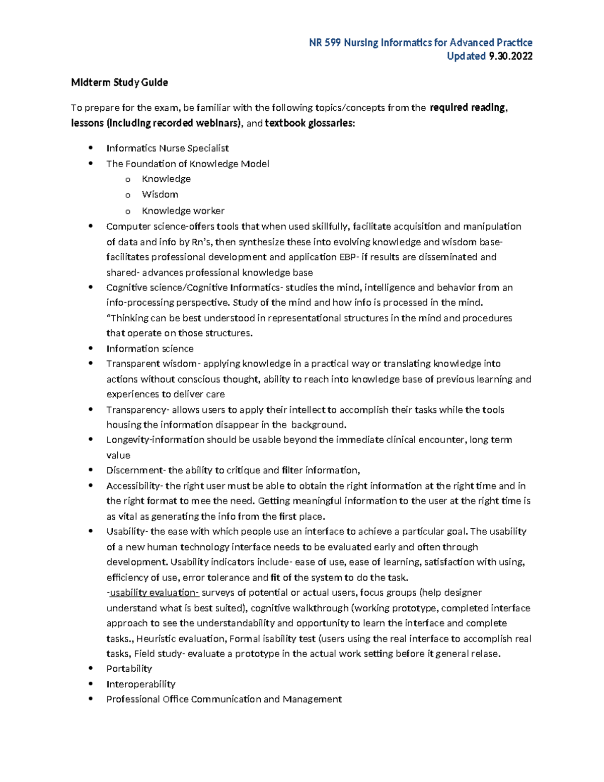 NR 599 Midterm study giude - NR 599 Nursing Informatics for Advanced ...