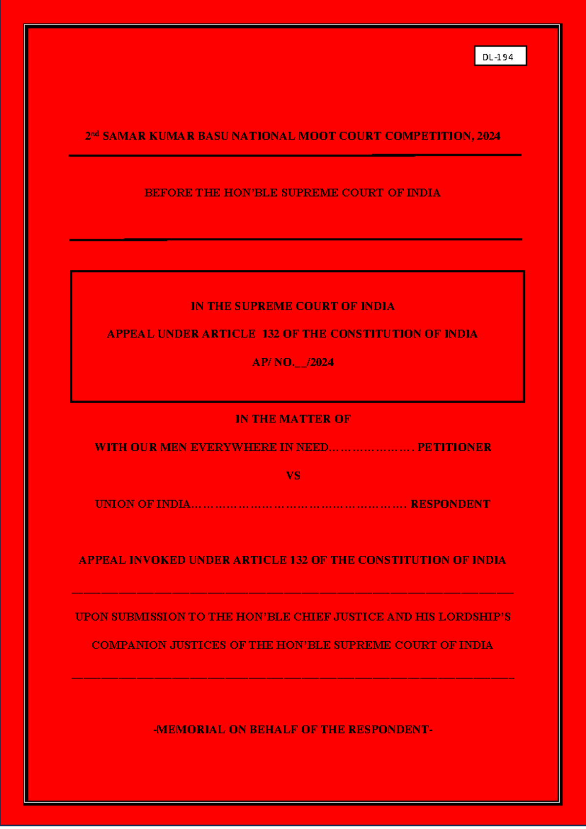 DL-194( Respondent) - moot court - 2 nd SAMAR KUMAR BASU NATIONAL MOOT ...