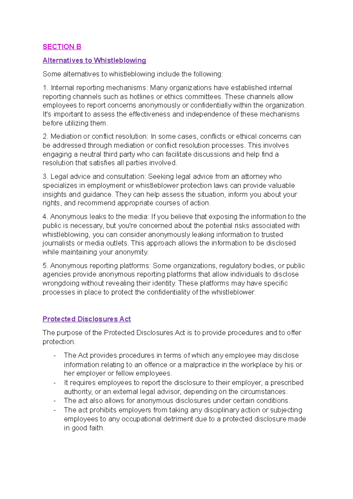 Business Ethics 511 Exam Scope - SECTION B Alternatives to Whistleblowing Some alternatives to ...