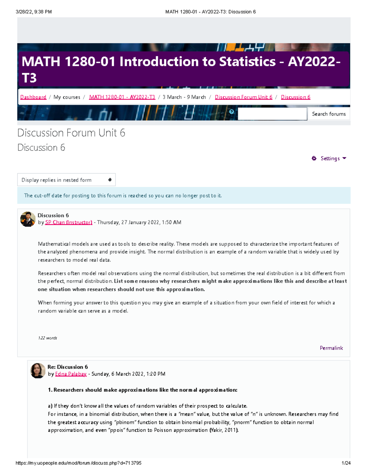 MATH 1280-01 - AY2022-T3 Discussion 6 - MATH 1280-01 Introduction to Statistics - AY2022- T ...
