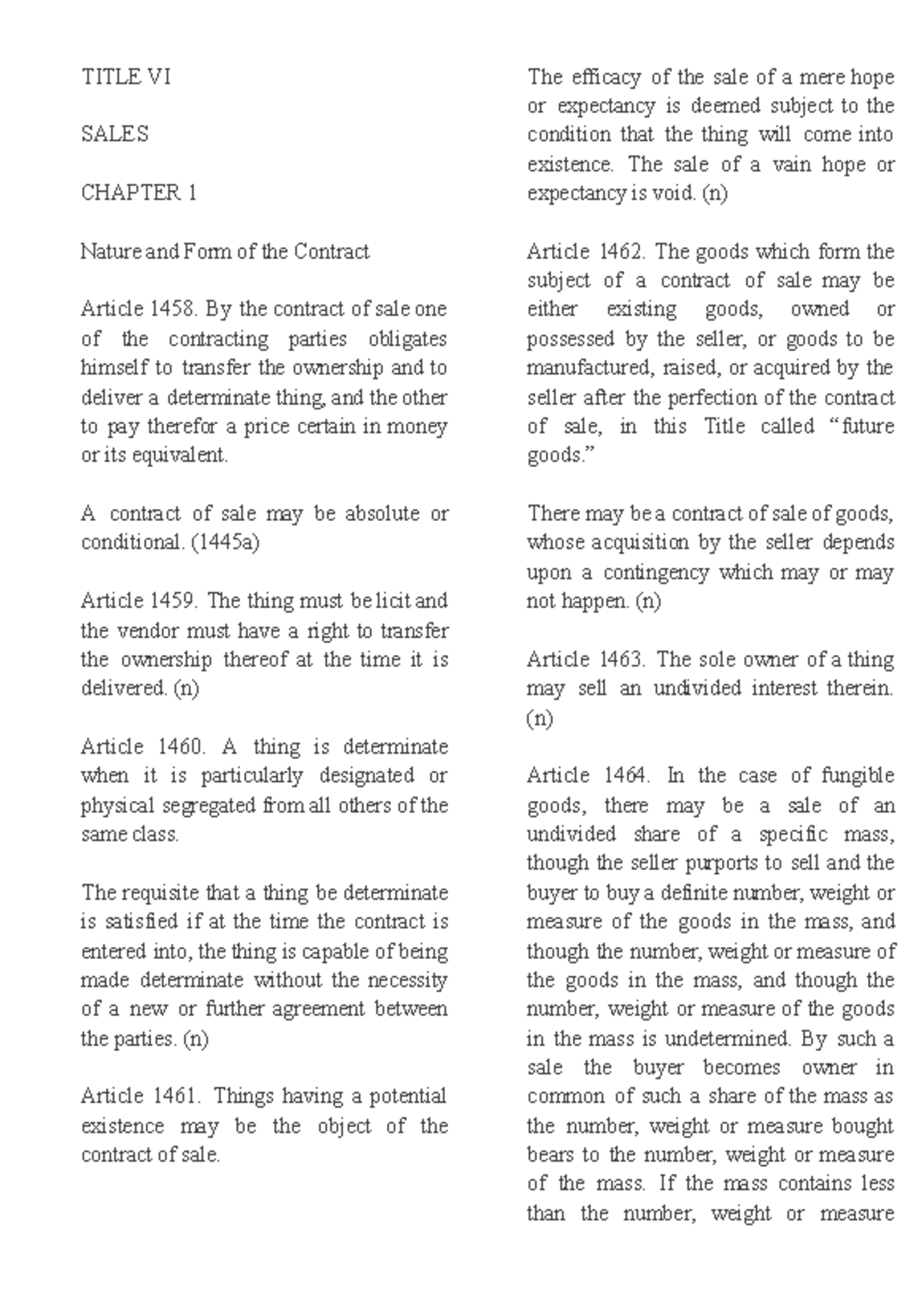 Prelims - LAW - Notes - TITLE VI SALES CHAPTER 1 Nature and Form of the ...