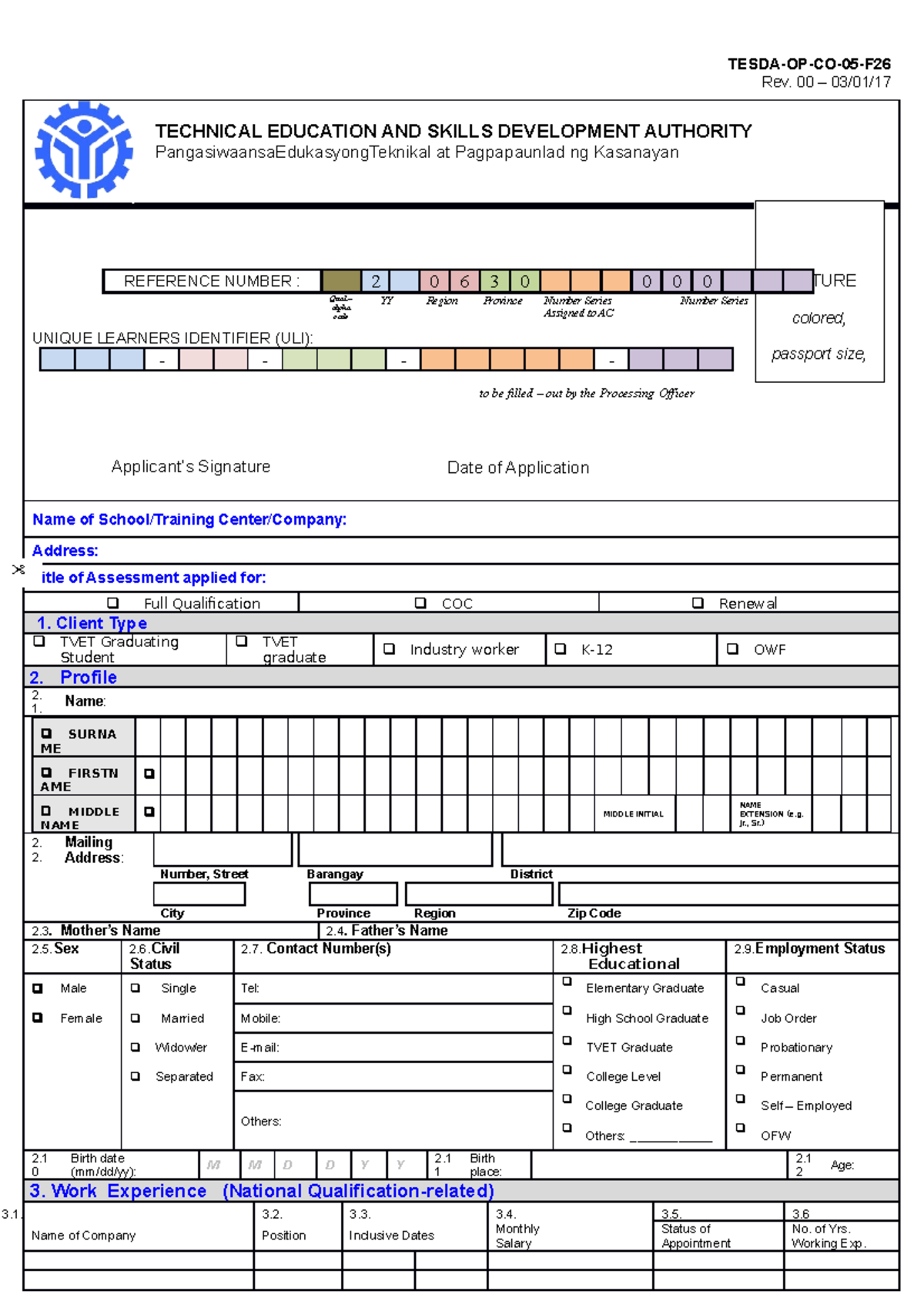 Tesda-OP-CO-05 Competency Assessment Forms - Rev. 00 – 03/01/ TECHNICAL ...
