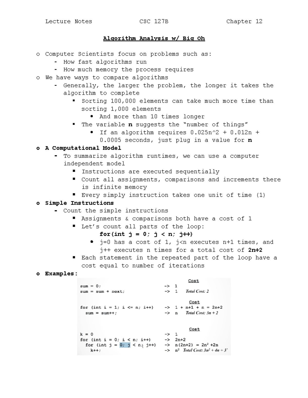 Algorithm Analysis - Professor: Rick Mercer - Lecture Notes CSC 127B ...