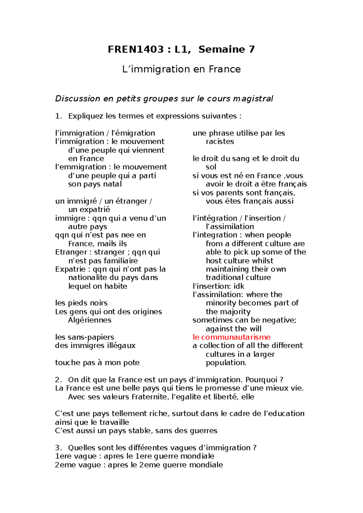 immigration file - FREN1403 : L1, Semaine 7 L’immigration en France ...