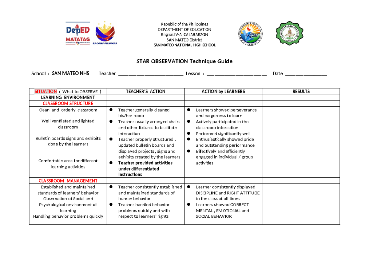 STAR Observation Technique Guide - DEPARTMENT OF EDUCATION Region IV-A ...