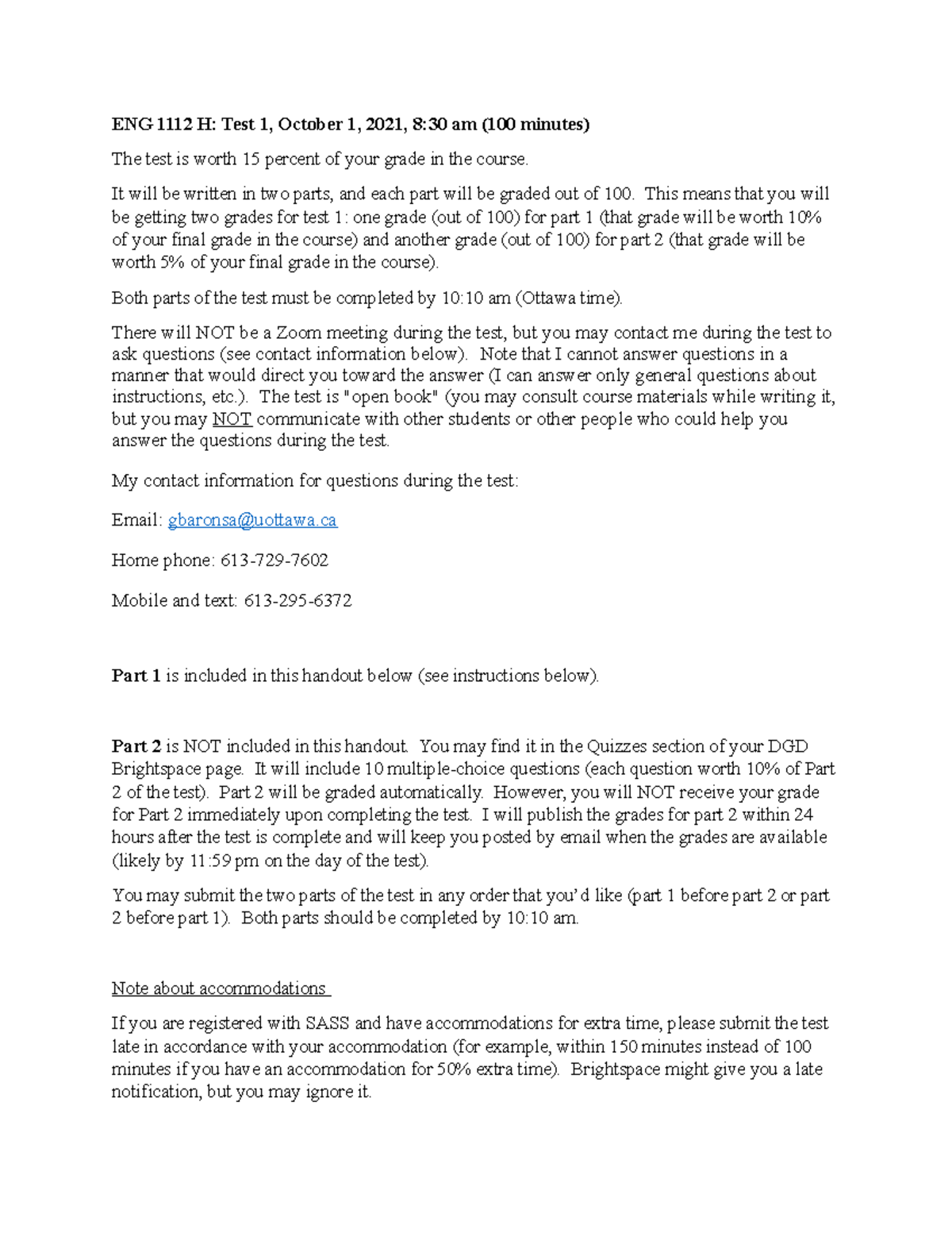 Test 1 ENG 1112 H October 1 - ENG 1112 H: Test 1, October 1, 2021, 8:30 ...