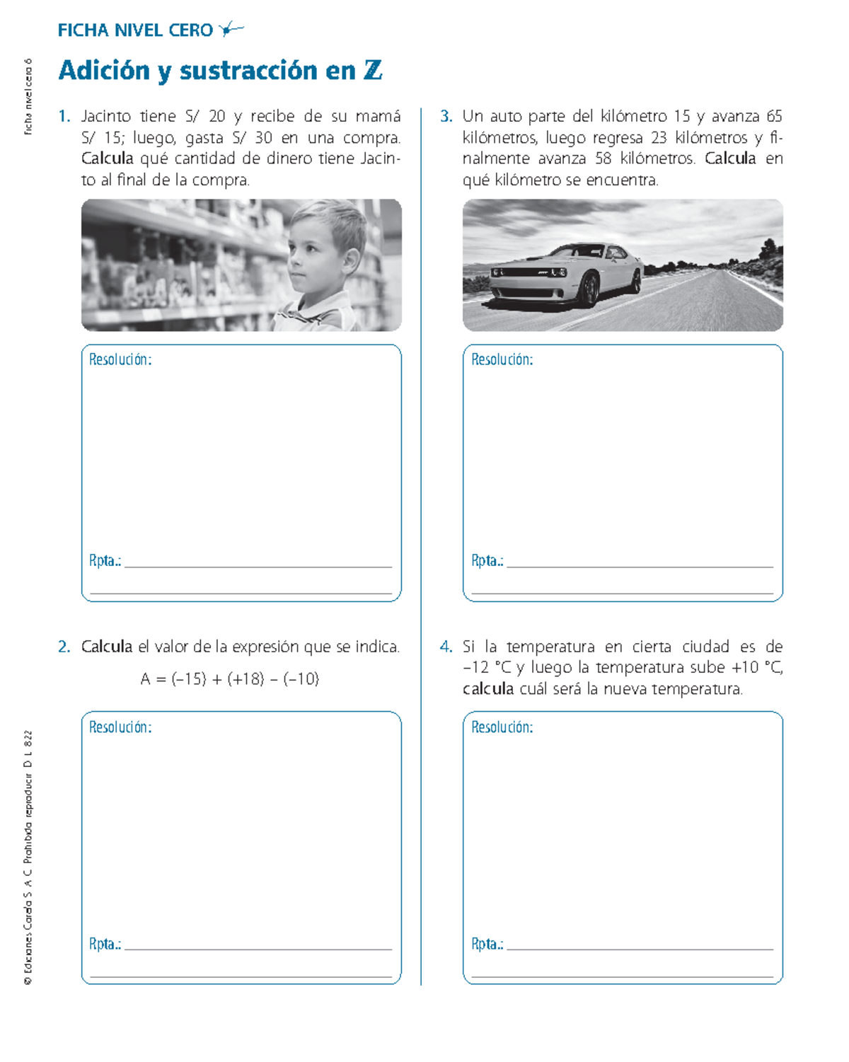 F0 Adición y sustracción en Z - Ficha nivel cero 6 © Ediciones Corefo S. A. C. Prohibido ...
