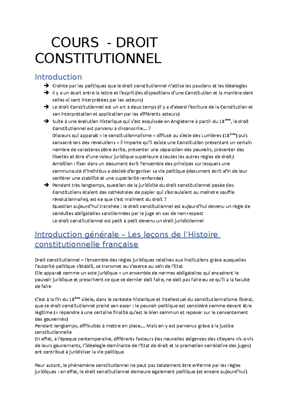 Notes Droit Constit - COURS - DROIT CONSTITUTIONNEL Introduction ...