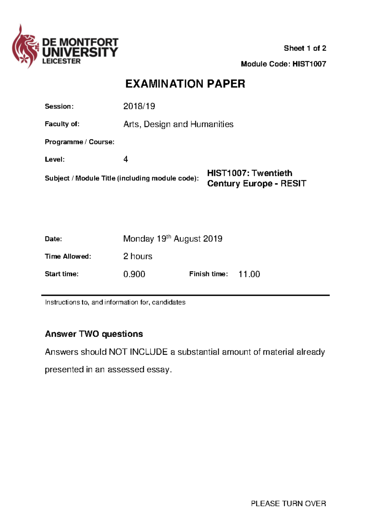 HIST1007 2019 Resit Exam - Sheet 1 of 2 Module Code: HIST PLEASE TURN ...