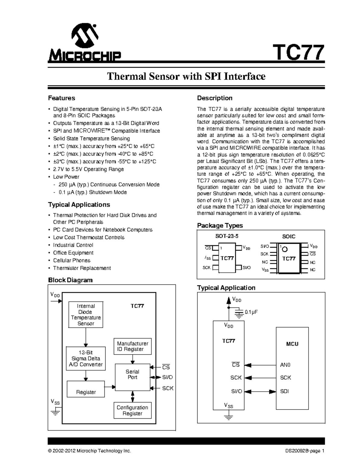 TC77 Temp Sensor - 2002 - 2012 Microchip Technology Inc. DS20092B-page 1 ####### SOT- 23 - 5 ...