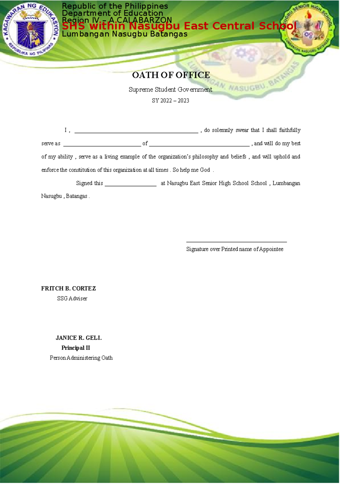 Oathofoffice - ACC - OATH OF OFFICE Supreme Student Government SY 2022 ...