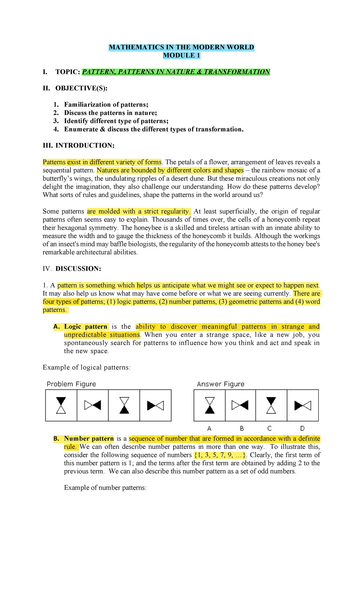 MMW Module - MATHEMATICS IN THE MODERN WORLD MODULE 1 I. TOPIC: PATTERN, PATTERNS IN NATURE ...