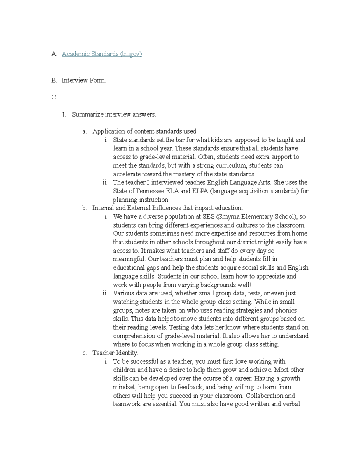 Task 1 Teacher Interview - A. Academic Standards (tn) B. Interview Form ...