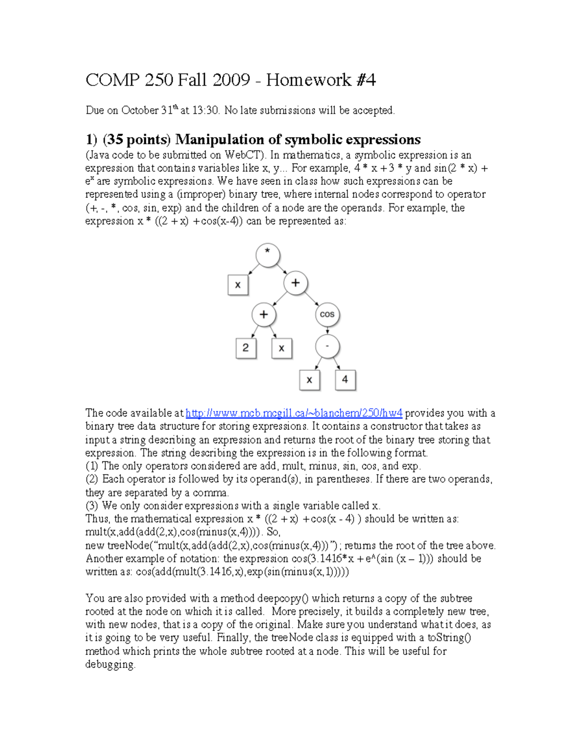Homework 4 Questions - Exam/Practice - COMP 250 Fall 2009 - Homework Due on October 31th at 13: ...