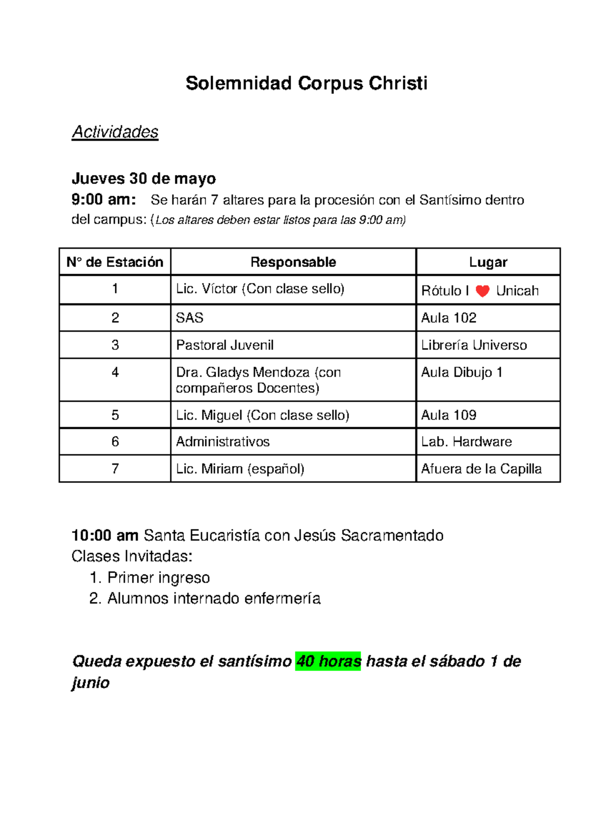 Corpus Christi Unicah - Resumen Nutrición Básica - Solemnidad Corpus Christi Actividades Jueves ...