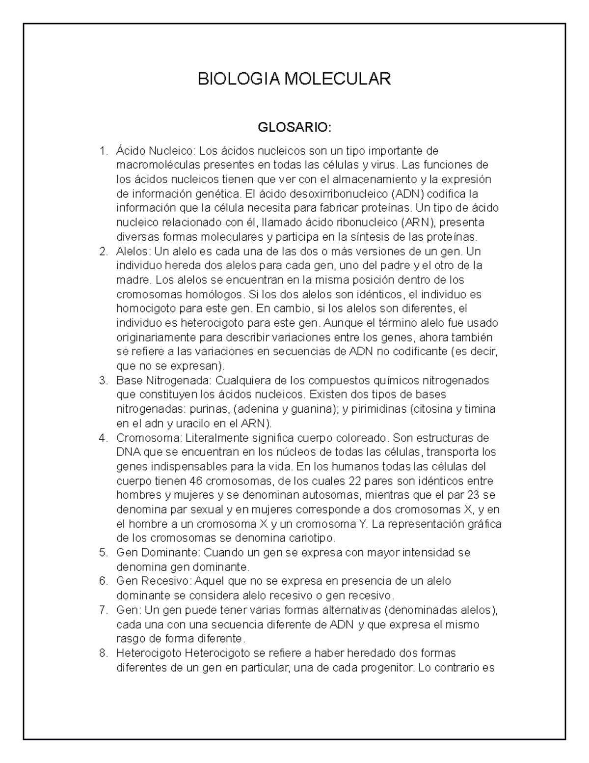 Glosario biologia molecular - BIOLOGIA MOLECULAR GLOSARIO: Ácido Nucleico: Los ácidos nucleicos ...
