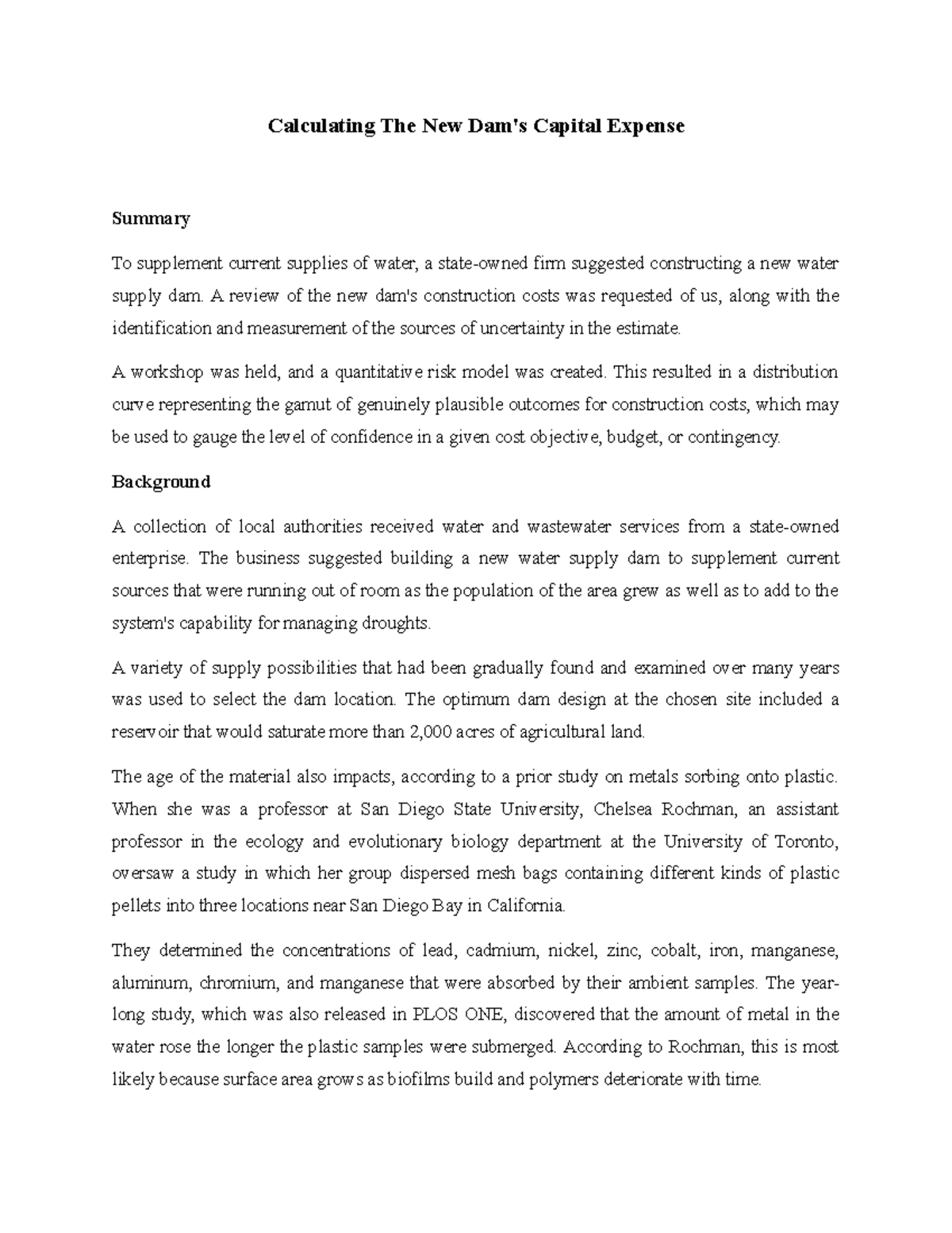 15 - example of essay. - Calculating The New Dam's Capital Expense Summary To supplement current ...