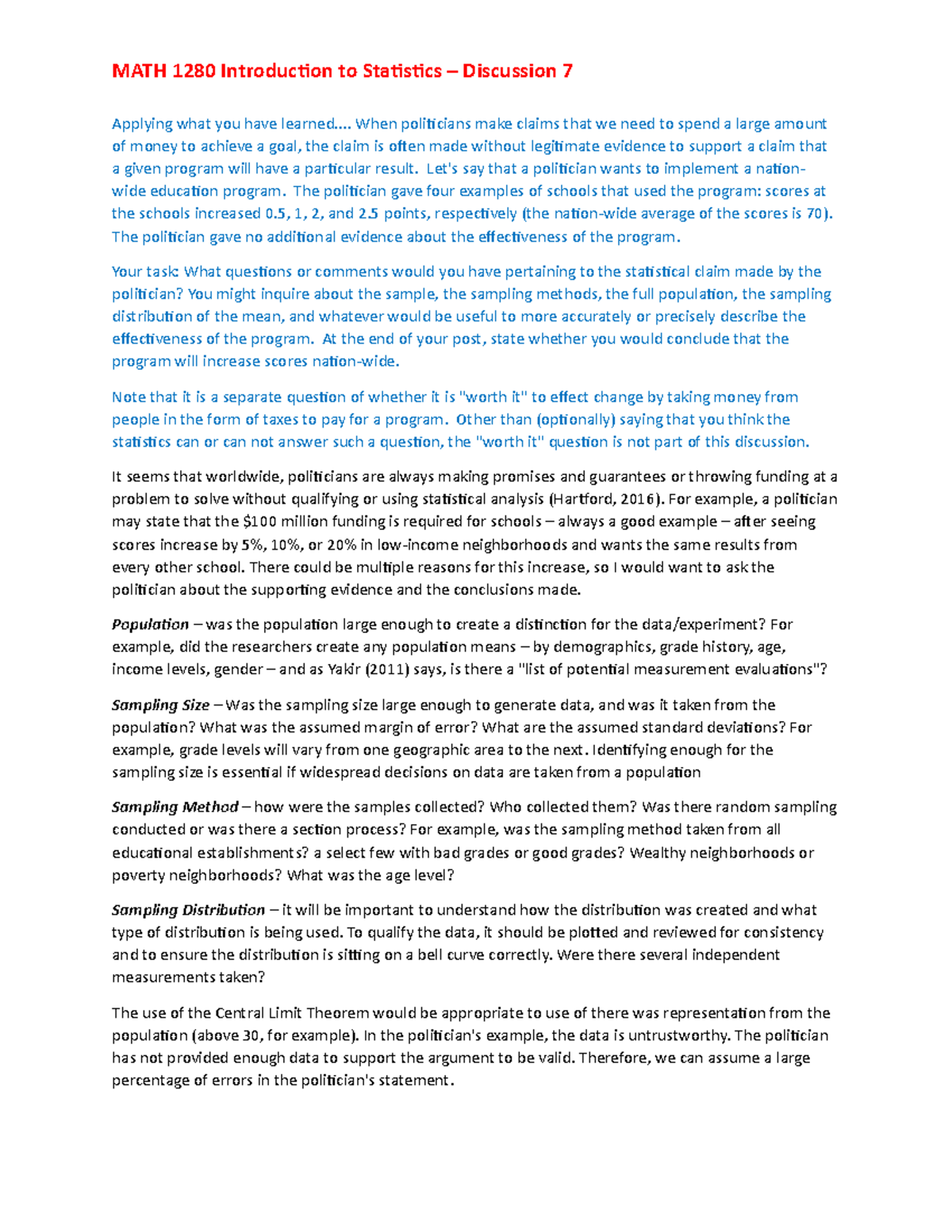 Math 1280 Introduction To Statistics Discussion 7 Math 1280 Introduction To Statistics