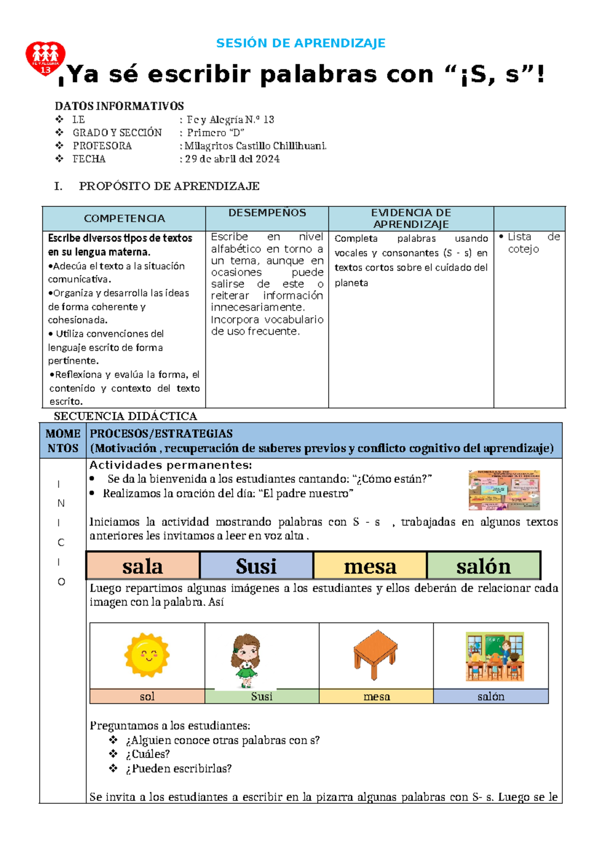 Sesión 25 Escribe Palabras CON S - ####### SESIÓN DE APRENDIZAJE ¡Ya sé ...