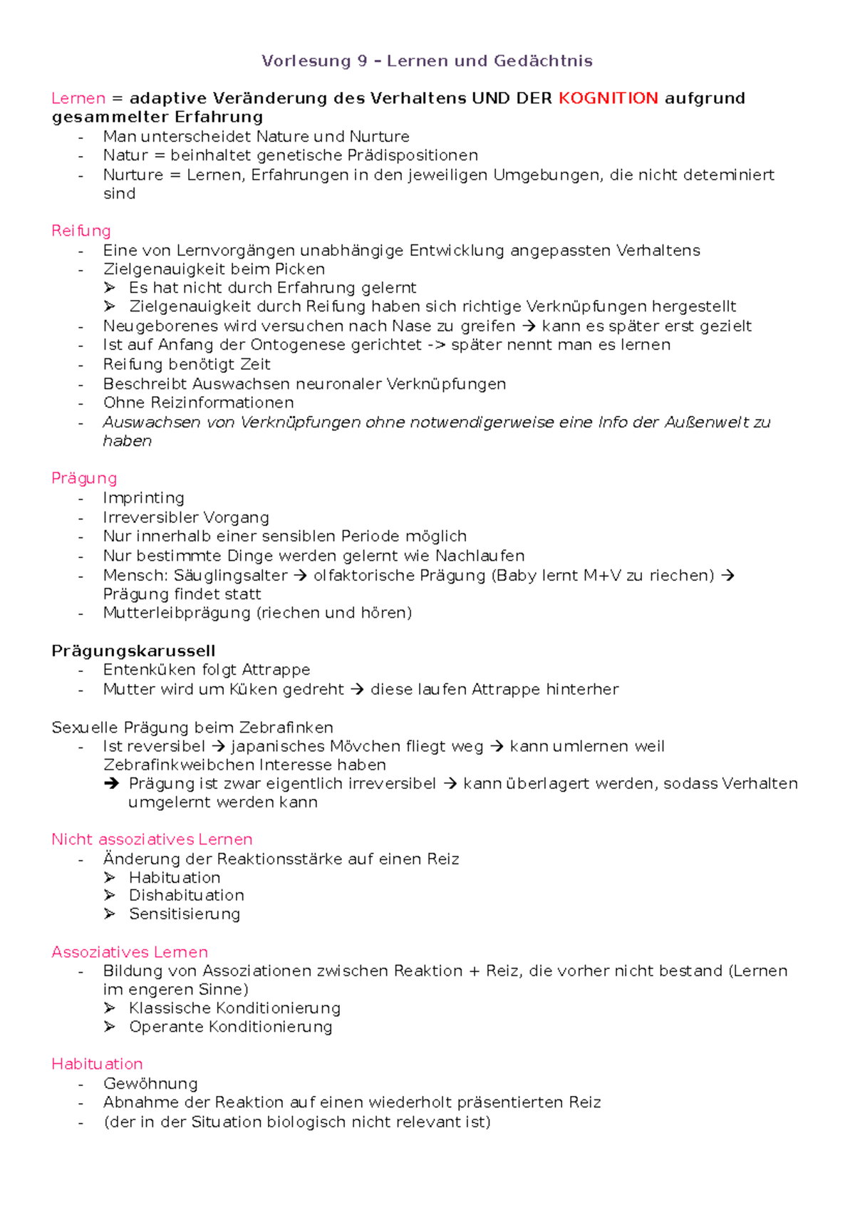 VL 9 - Lernen und Gedächtnis - Vorlesung 9 – Lernen und Gedächtnis Lernen = adaptive Veränderung ...