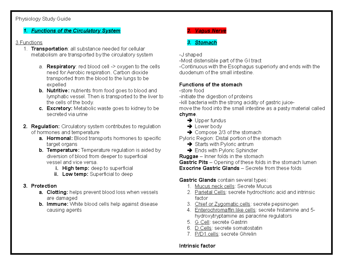 Physiology Study Guide Finals - Physiology Study Guide 1. Functions of ...