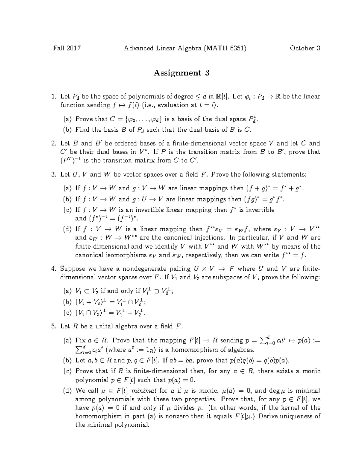 Assignment 3 - due October 3, 2017 - Fall 2017 Advanced Linear Algebra ...