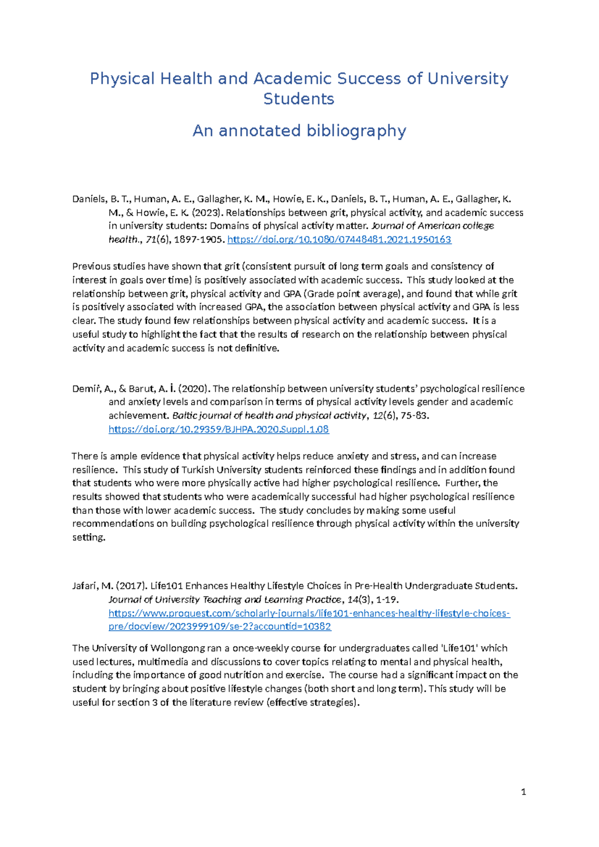 Annoted Bibliography - Physical Health and Academic Success of ...