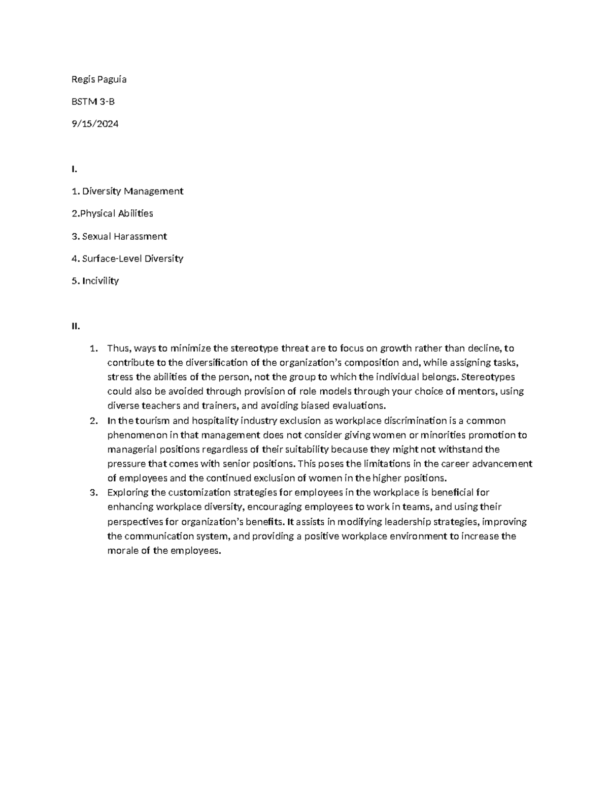 02 Quiz 1 - FAFAFAF - Regis Paguia BSTM 3-B 9/15/ I. Diversity ...