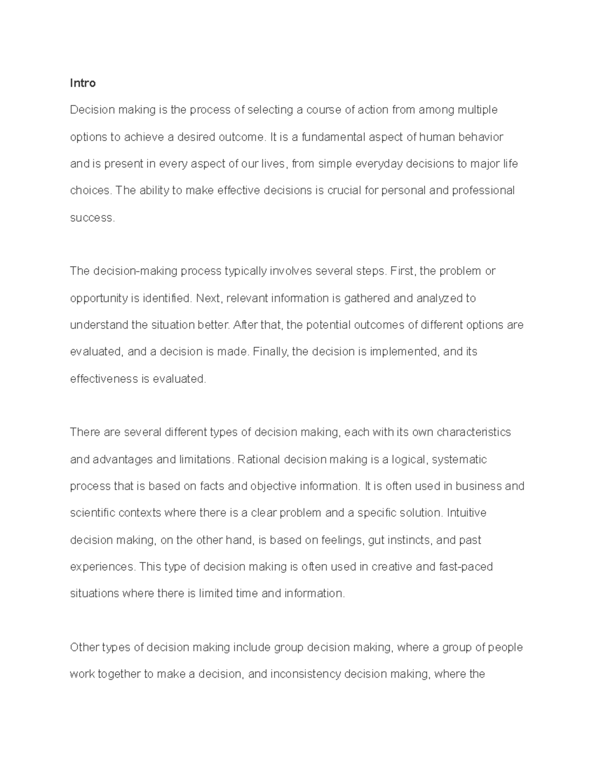 Decision making course outline intro - Intro Decision making is the ...