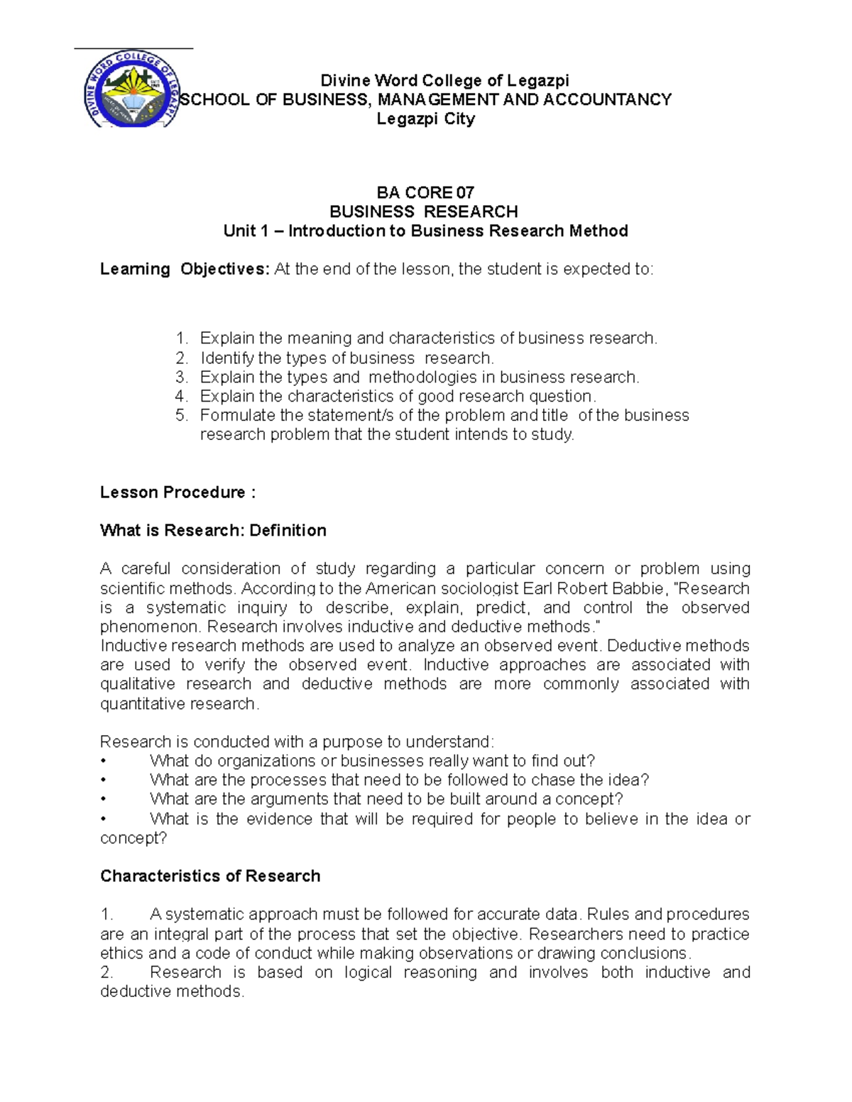 Manalo - BA CORE 07 Unit 1- Introduction - Divine Word College of ...